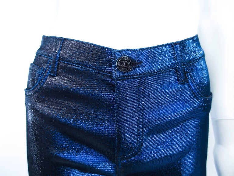 CHANEL Iridescent Metallic Blue Stretch Pants Size 40 at 1stDibs ...