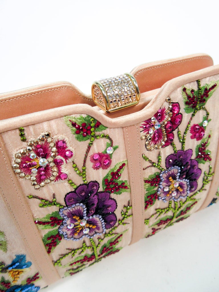 Judith Leiber Peach Satin Rhinestone Embroidered Purse at 1stDibs