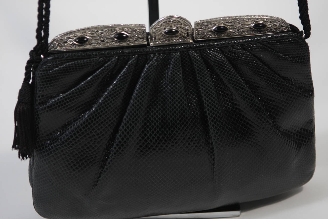 Judith Leiber Embellished Black Lizard Evening Purse with Metal Frame ...