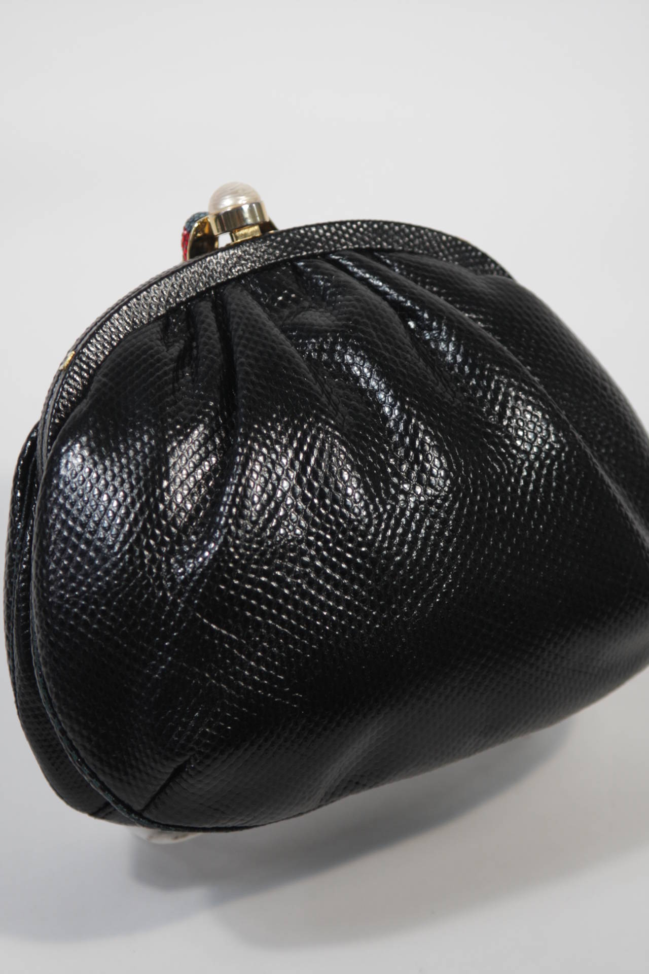 Judith Leiber Black Lizard Evening Purse with Rhinestone Lovebird Clasp ...