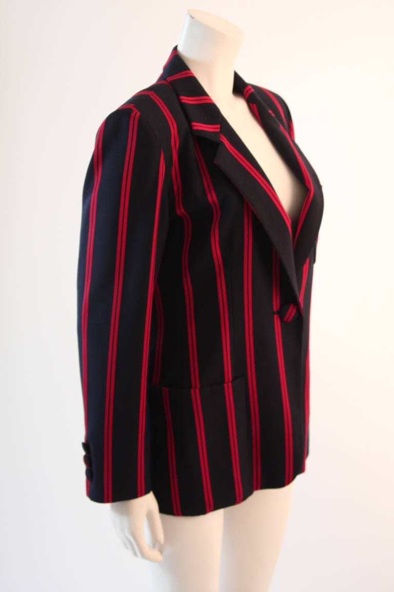 1990s Moschino Couture Navy and Red Striped wool Carnival Jacket "Push ...