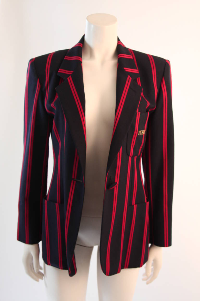 1990s Moschino Couture Navy and Red Striped wool Carnival Jacket "Push ...