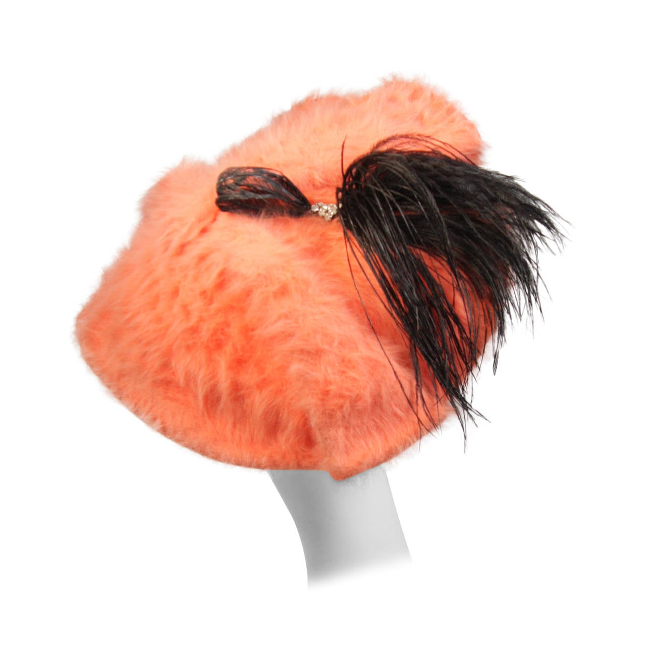 Esther Bright Orange Fur Clam Shape Hat with Black Feather and ...