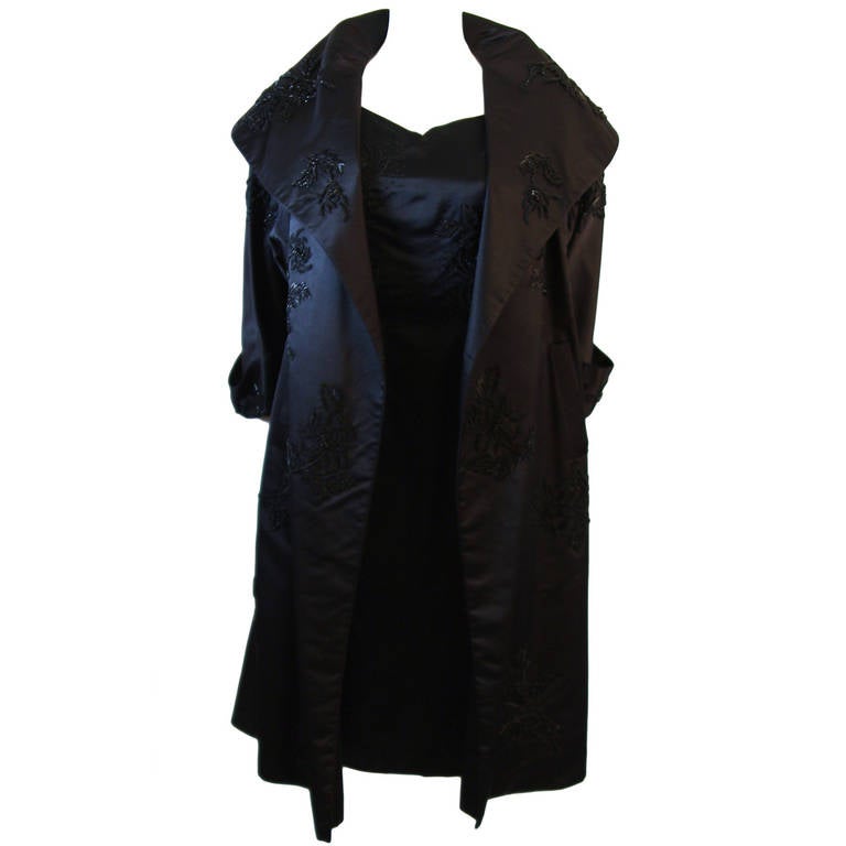 1950's Black Beaded Silk Ensemble Cocktail Dress and Opera Coat Size 6 ...