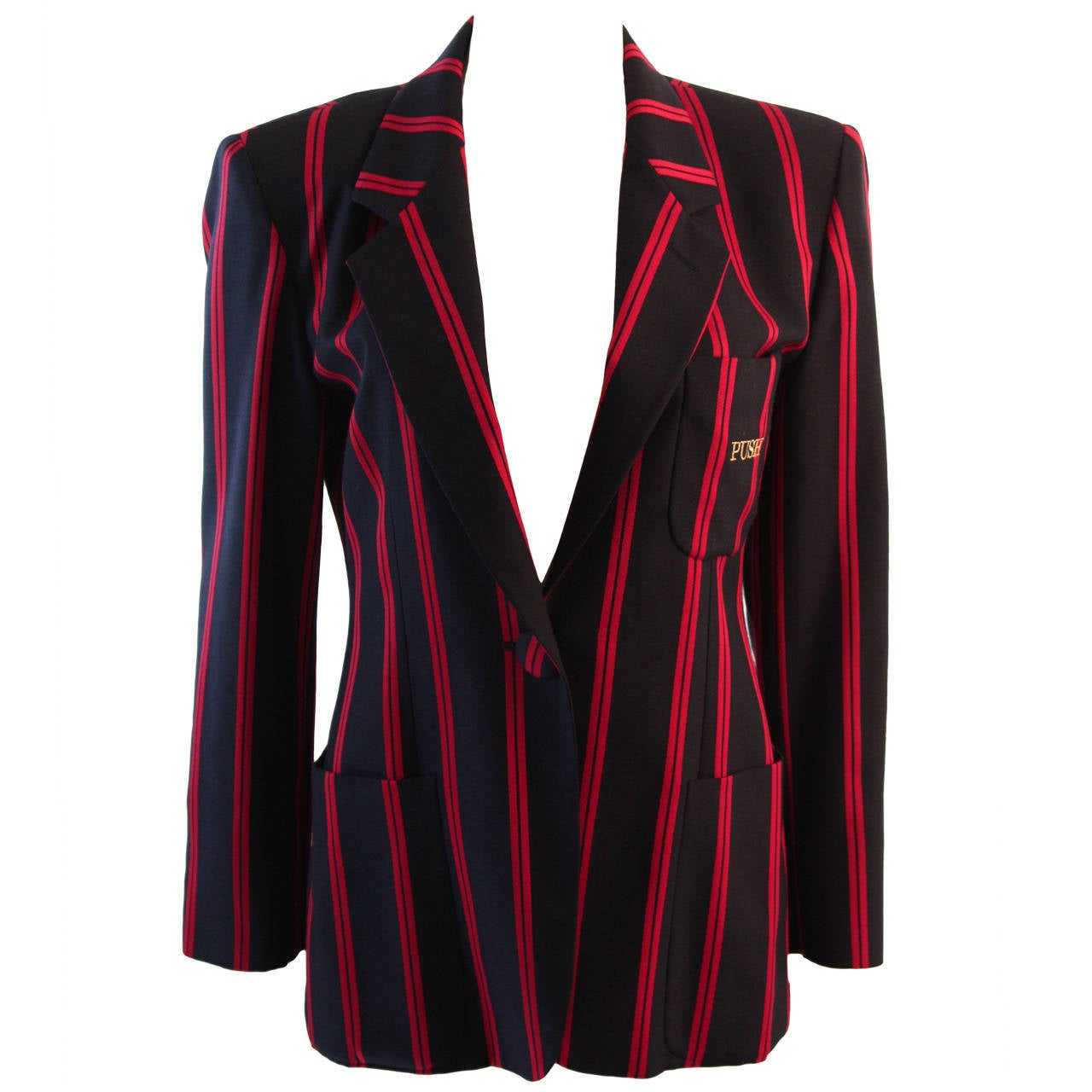 1990s Moschino Couture Navy and Red Striped wool Carnival Jacket "Push ...