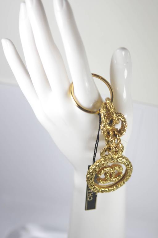 Chanel Gold Tone Textured Charm Key Ring Logo Set in Glass New with ...