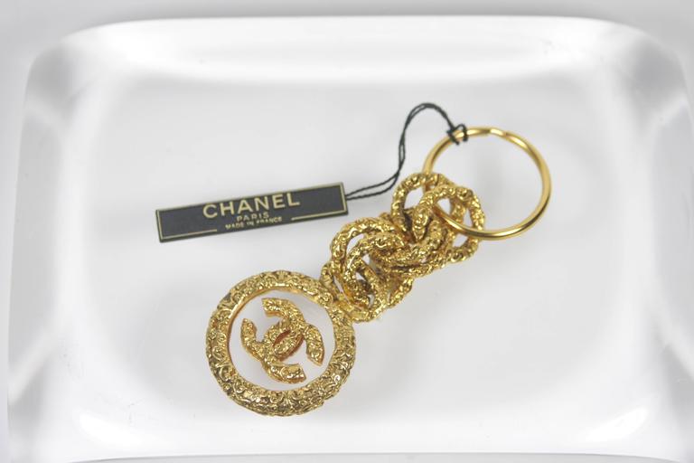 Chanel Gold Tone Textured Charm Key Ring Logo Set in Glass New with ...