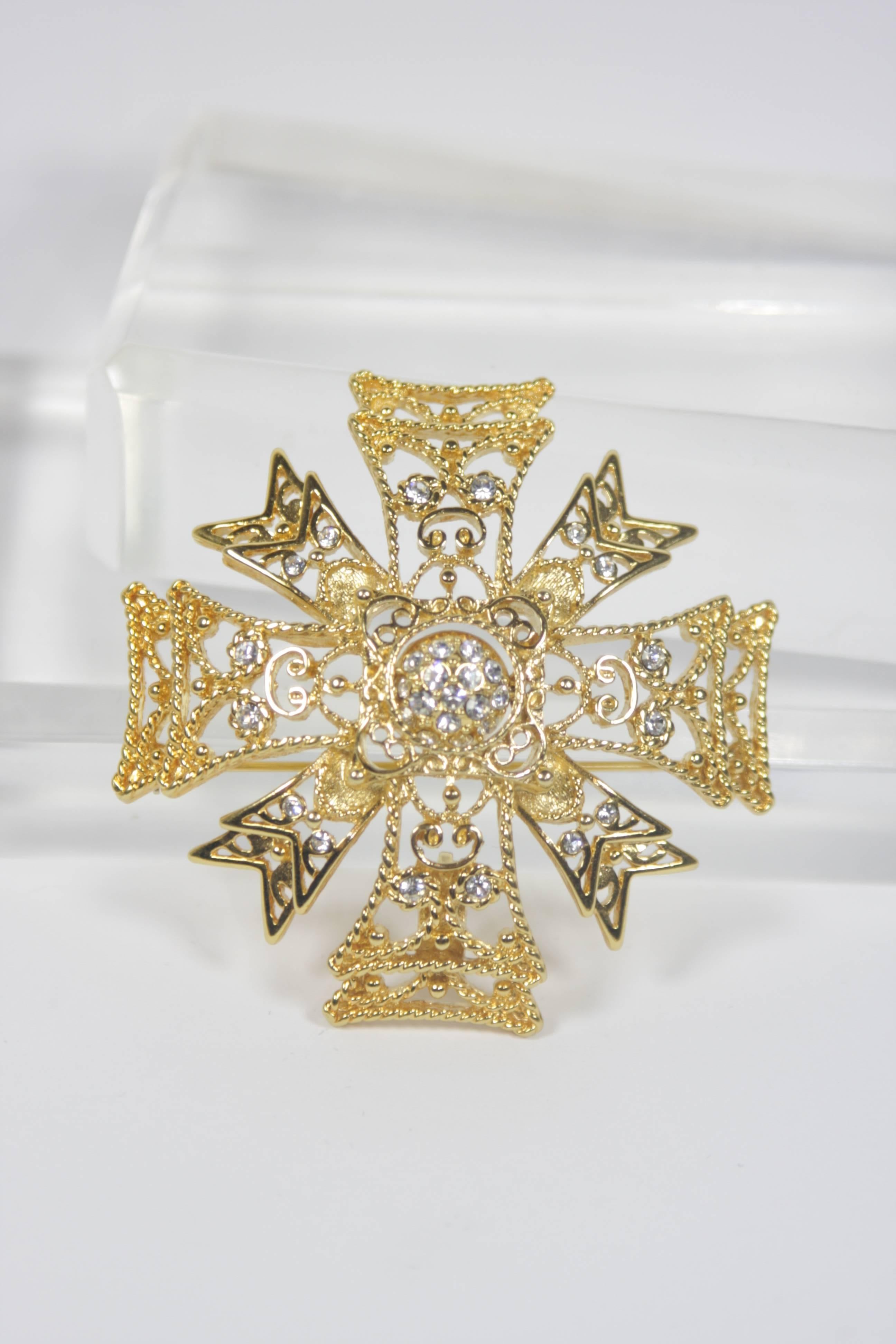 KENNETH JAY LANE Gold Tone Cross with Rotating Rhinestone Ball Pendant ...