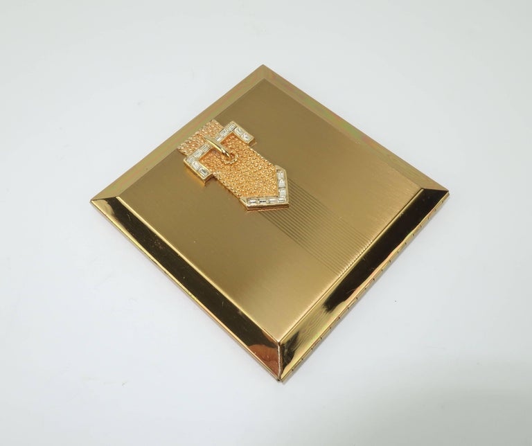 1950's Volupte Gold Powder Compact With Rhinestone Buckle at 1stDibs
