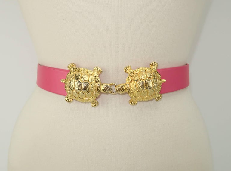 1974 Mimi di N Gold Tone Kissing Turtle Belt Buckles and Pink Belt at ...