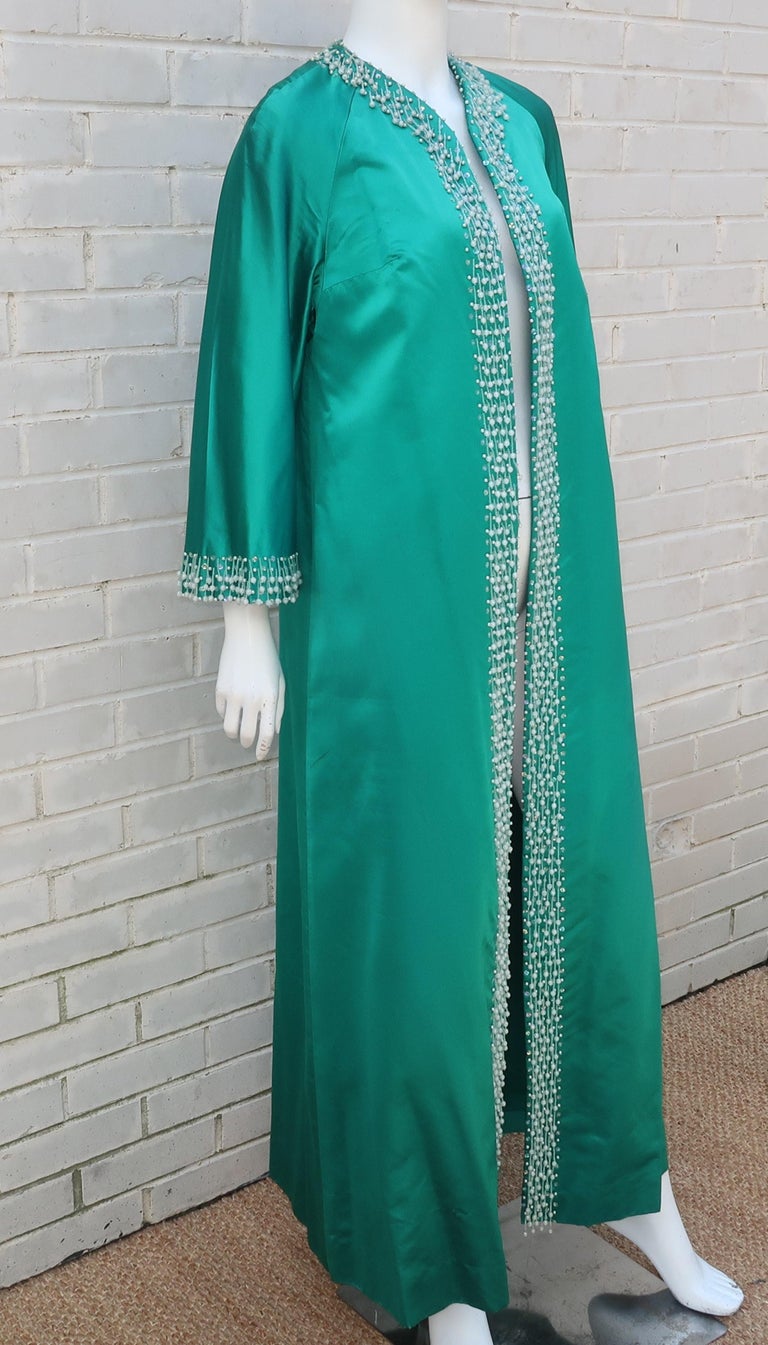 C.1960 British Hong Kong Jade Green Beaded Satin Caftan Robe Evening ...