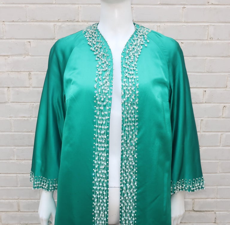 C.1960 British Hong Kong Jade Green Beaded Satin Caftan Robe Evening ...