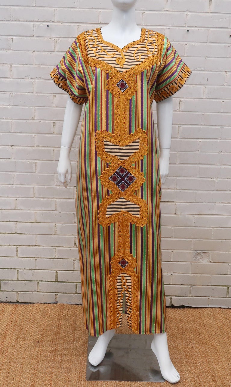 Egyptian Vintage Striped Caftan Dress With Ornate Trim at 1stDibs