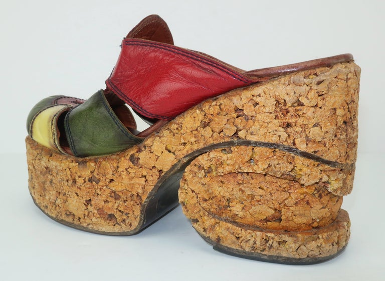 1970's Patchwork Leather Cork Platform Shoes at 1stDibs