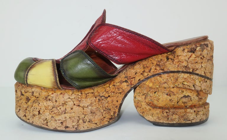 1970's Patchwork Leather Cork Platform Shoes at 1stDibs