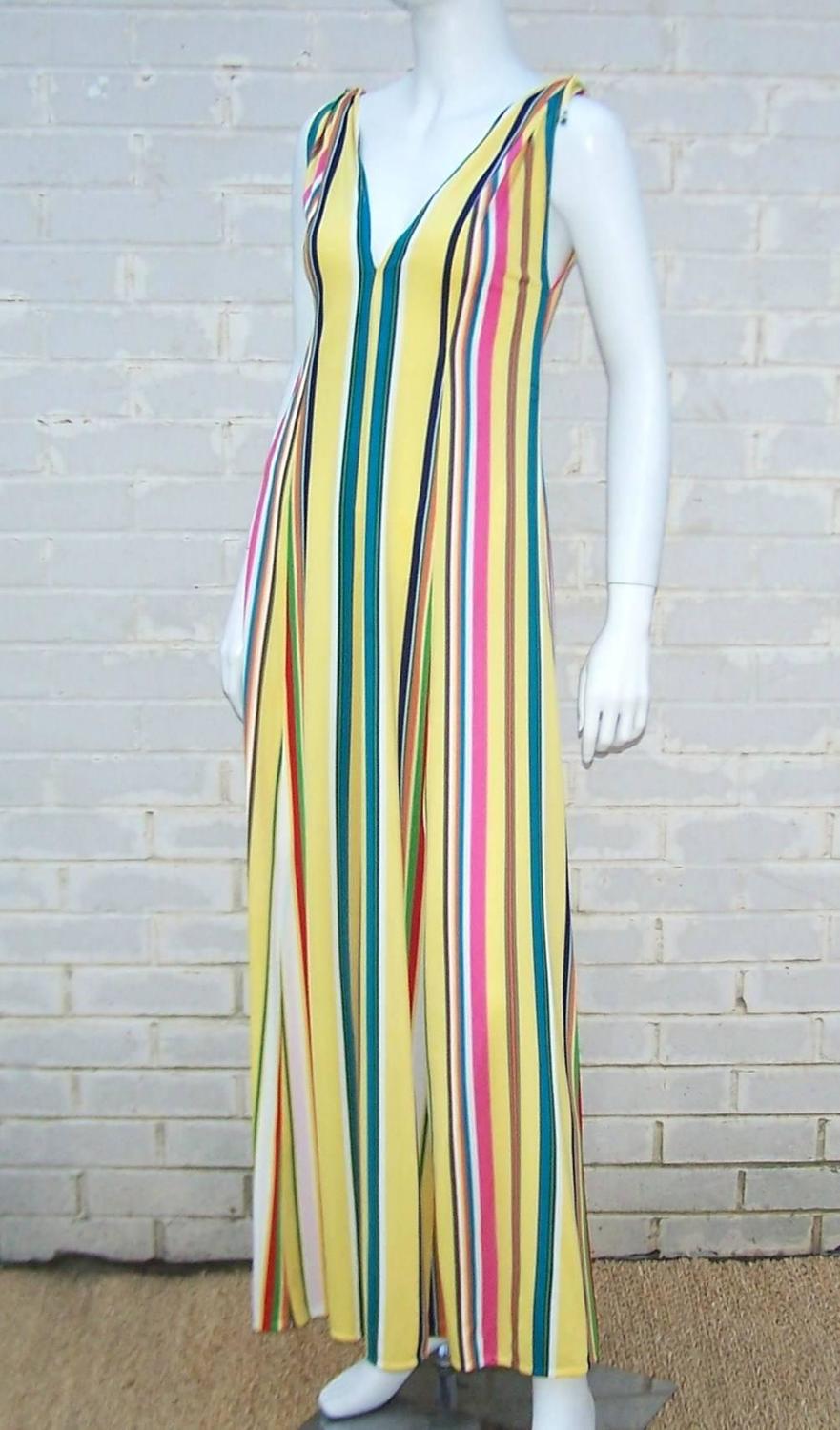 Vibrantly Striped 1970's Clovis Ruffin Jersey Knit Lounger Dress For ...