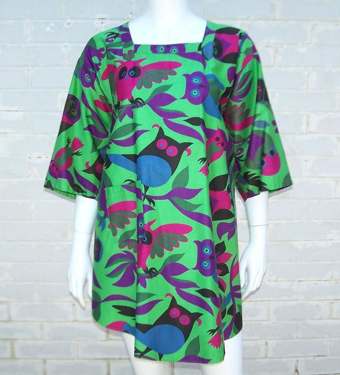 Whimsical 1970's Design House Artist Smock Tunic With Owl Print For ...