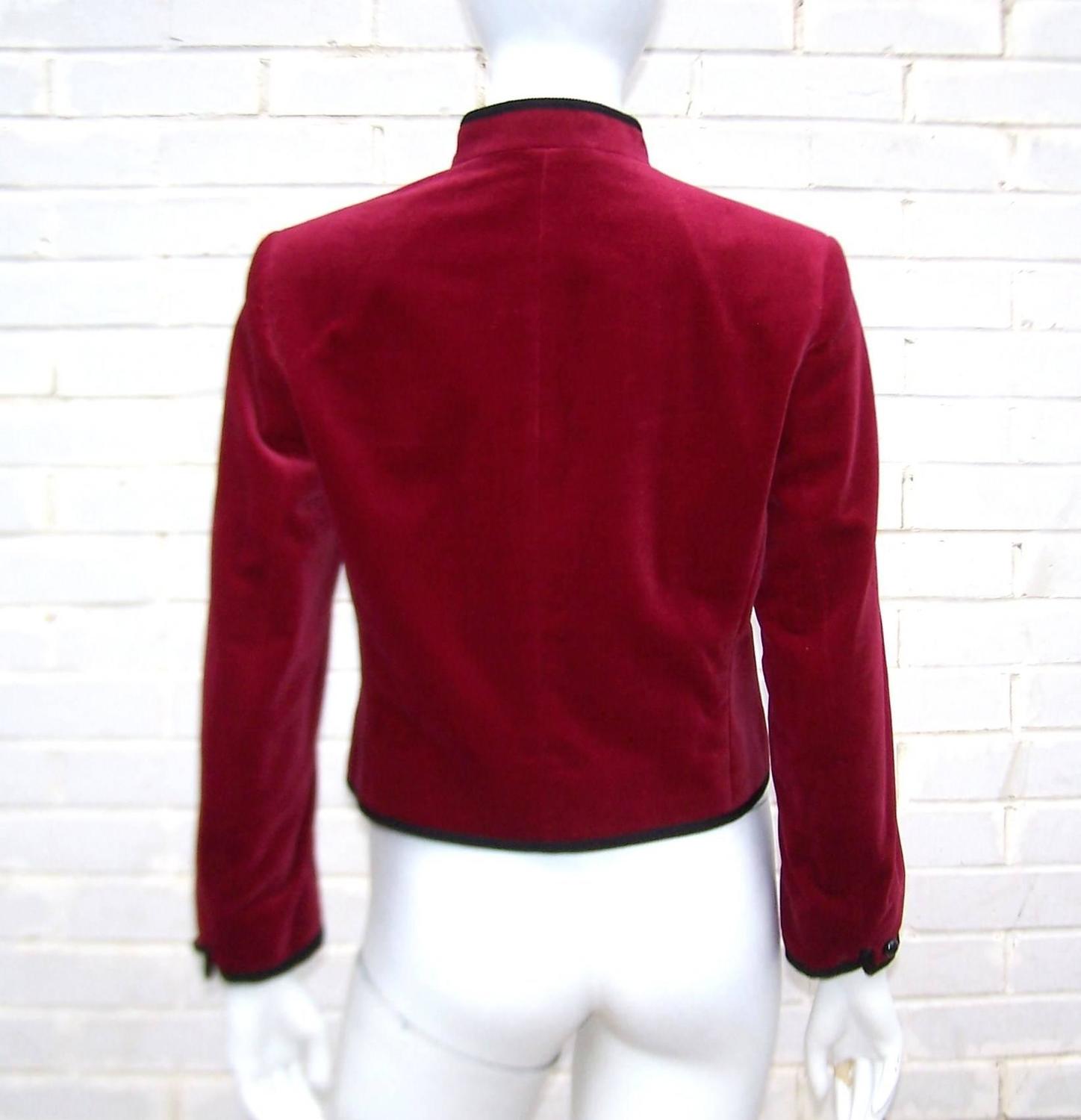 C.1980 Jaeger Cherry Red Velvet Bellhop Style Jacket For Sale at 1stdibs