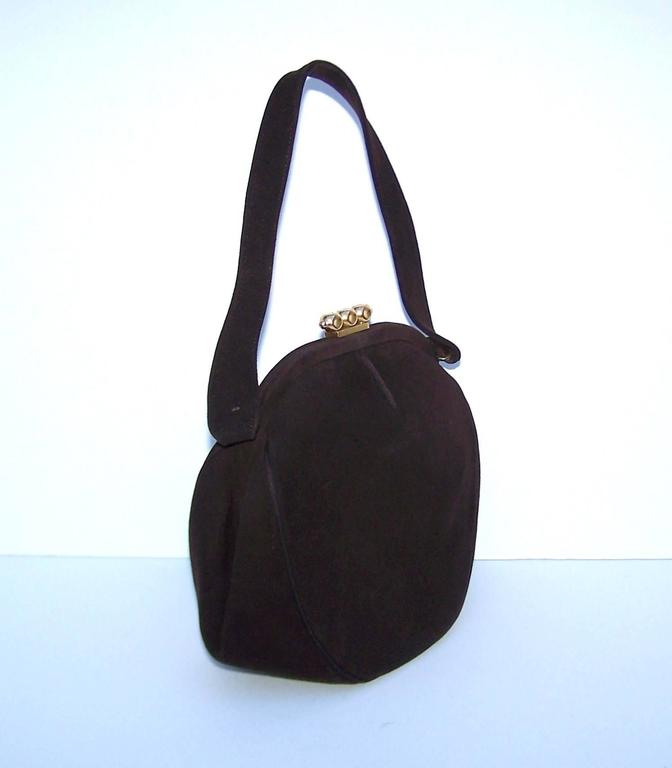 C.1950 Dorian Brown Suede Handbag With Unique Gold Tone Tab Closure For ...