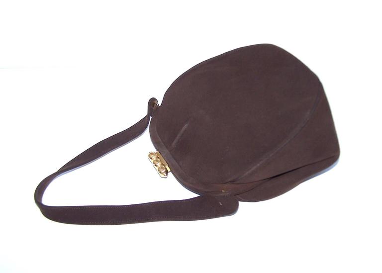 C.1950 Dorian Brown Suede Handbag With Unique Gold Tone Tab Closure For ...