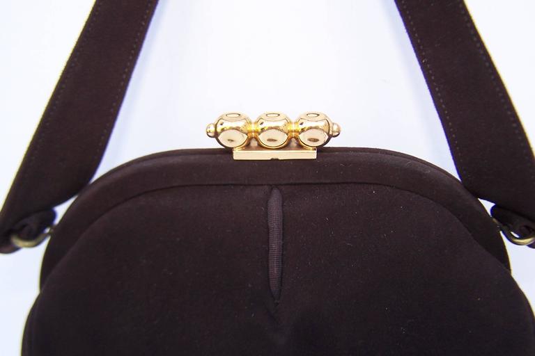 C.1950 Dorian Brown Suede Handbag With Unique Gold Tone Tab Closure For ...