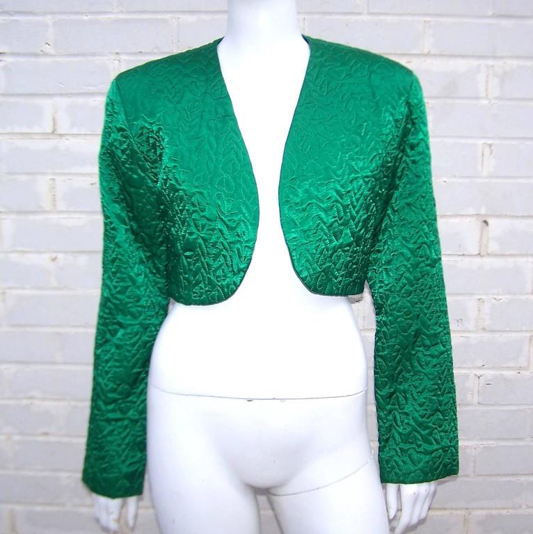 C.1980 Perry Ellis Emerald Green Quilted Satin Cropped Jacket at 1stDibs