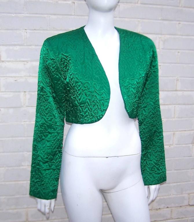 C.1980 Perry Ellis Emerald Green Quilted Satin Cropped Jacket at 1stDibs
