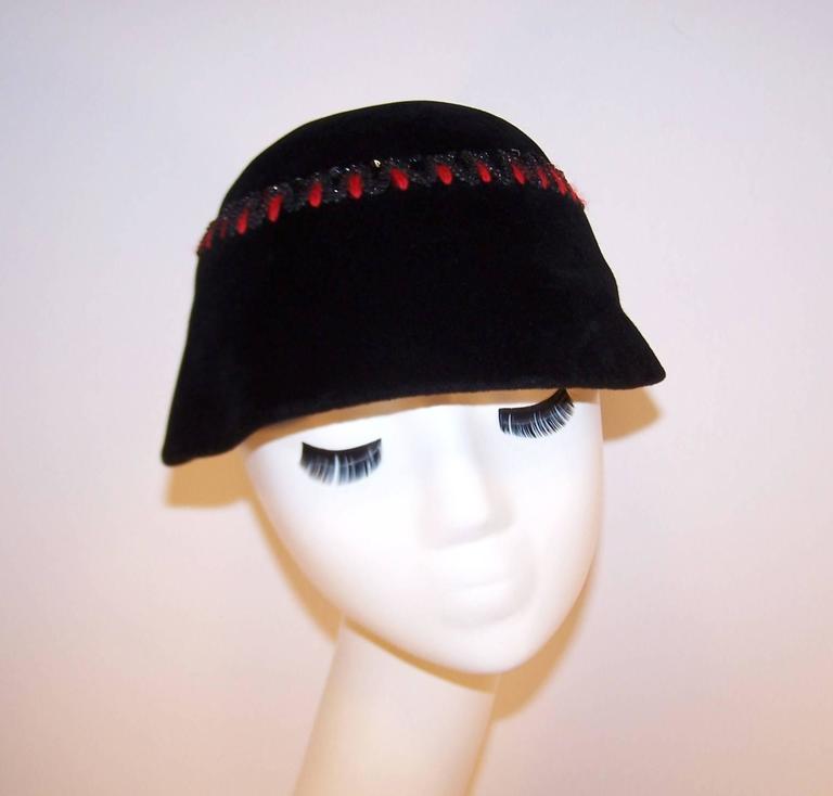 French C.1950 Black Wool Bucket Hat With Beading and Red Embroidery at ...