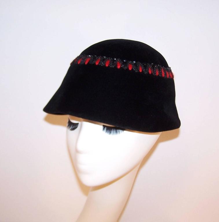 French C.1950 Black Wool Bucket Hat With Beading and Red Embroidery at ...
