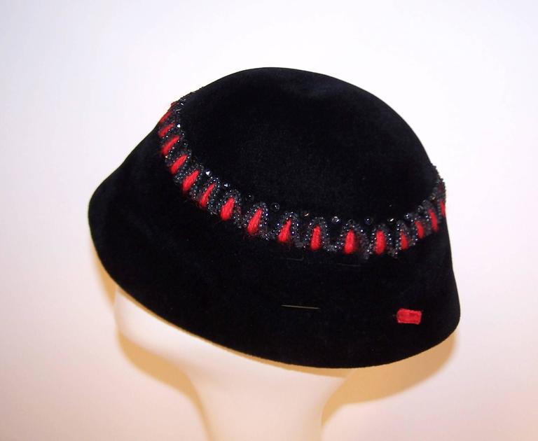 French C.1950 Black Wool Bucket Hat With Beading and Red Embroidery at ...