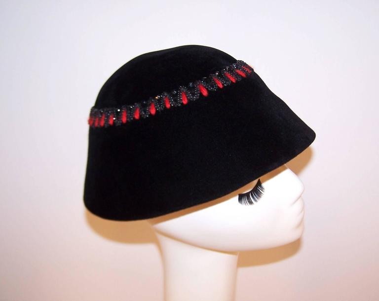 French C.1950 Black Wool Bucket Hat With Beading and Red Embroidery at ...