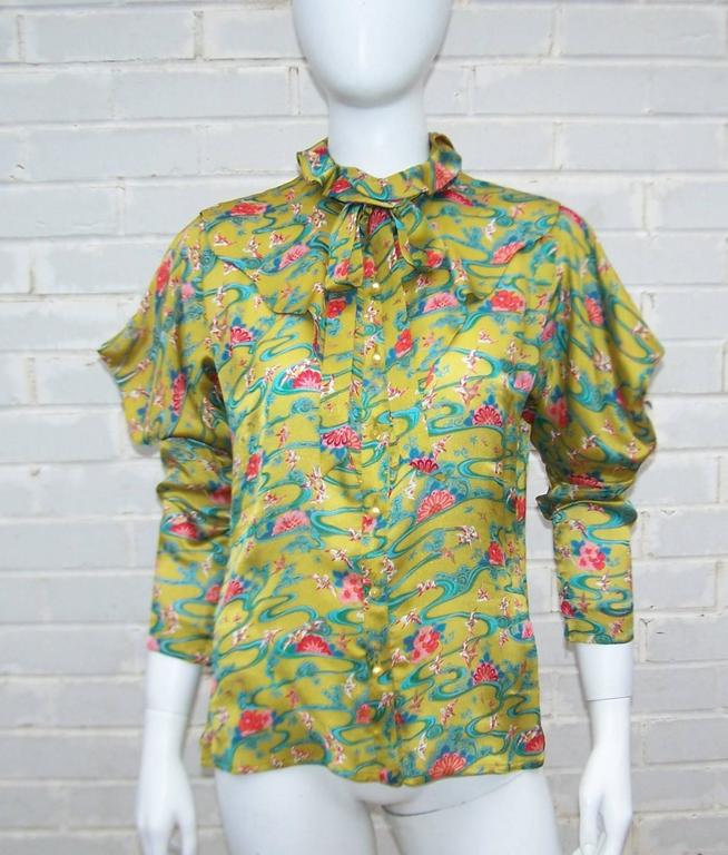 Asian Inspired 1970's Emanuel Ungaro Silk Chartreuse Blouse at 1stDibs