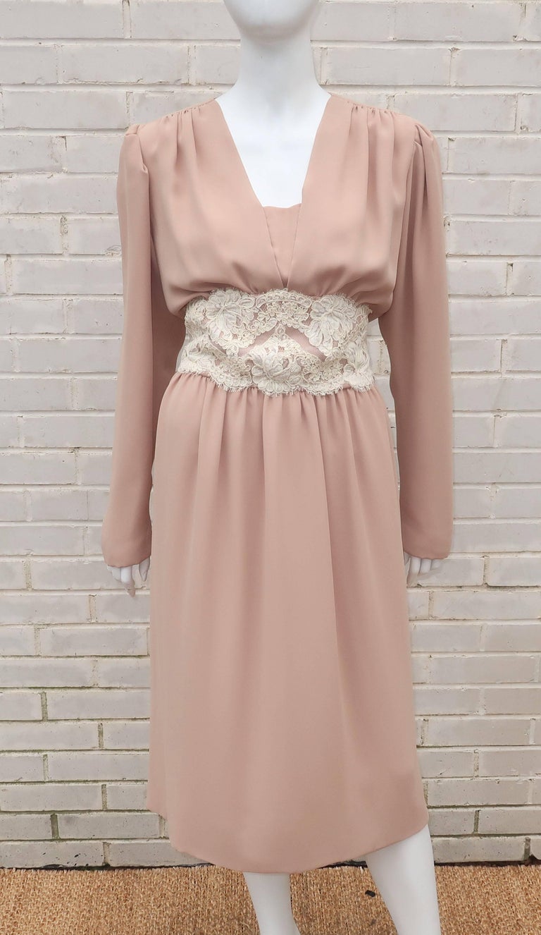 1970’s Helga Light Beige Georgette Dress With Lace Cummerbund For Sale ...