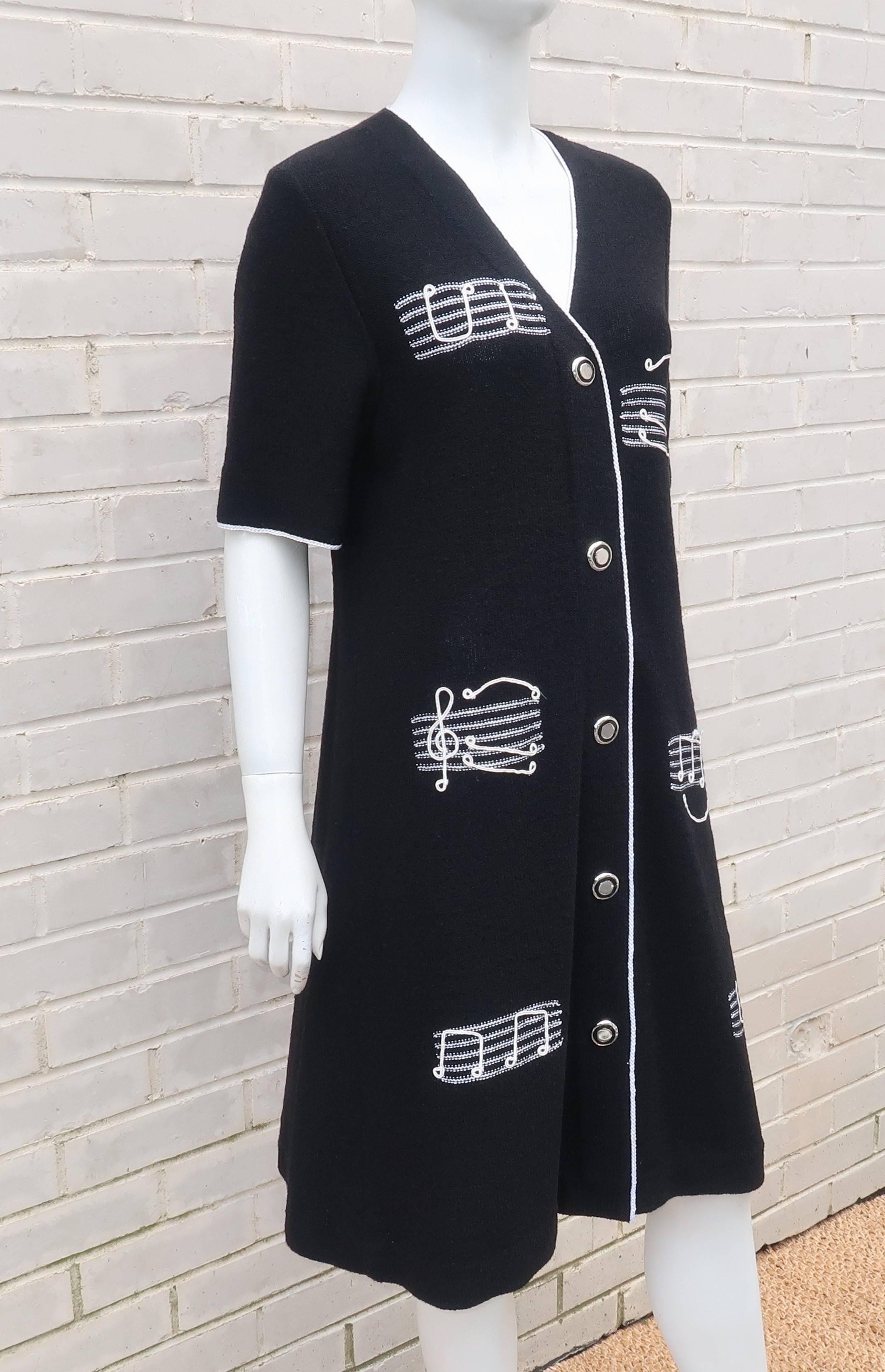 Steve Fabrikant Black and White Knit Trapeze Dress With Musical Notes ...
