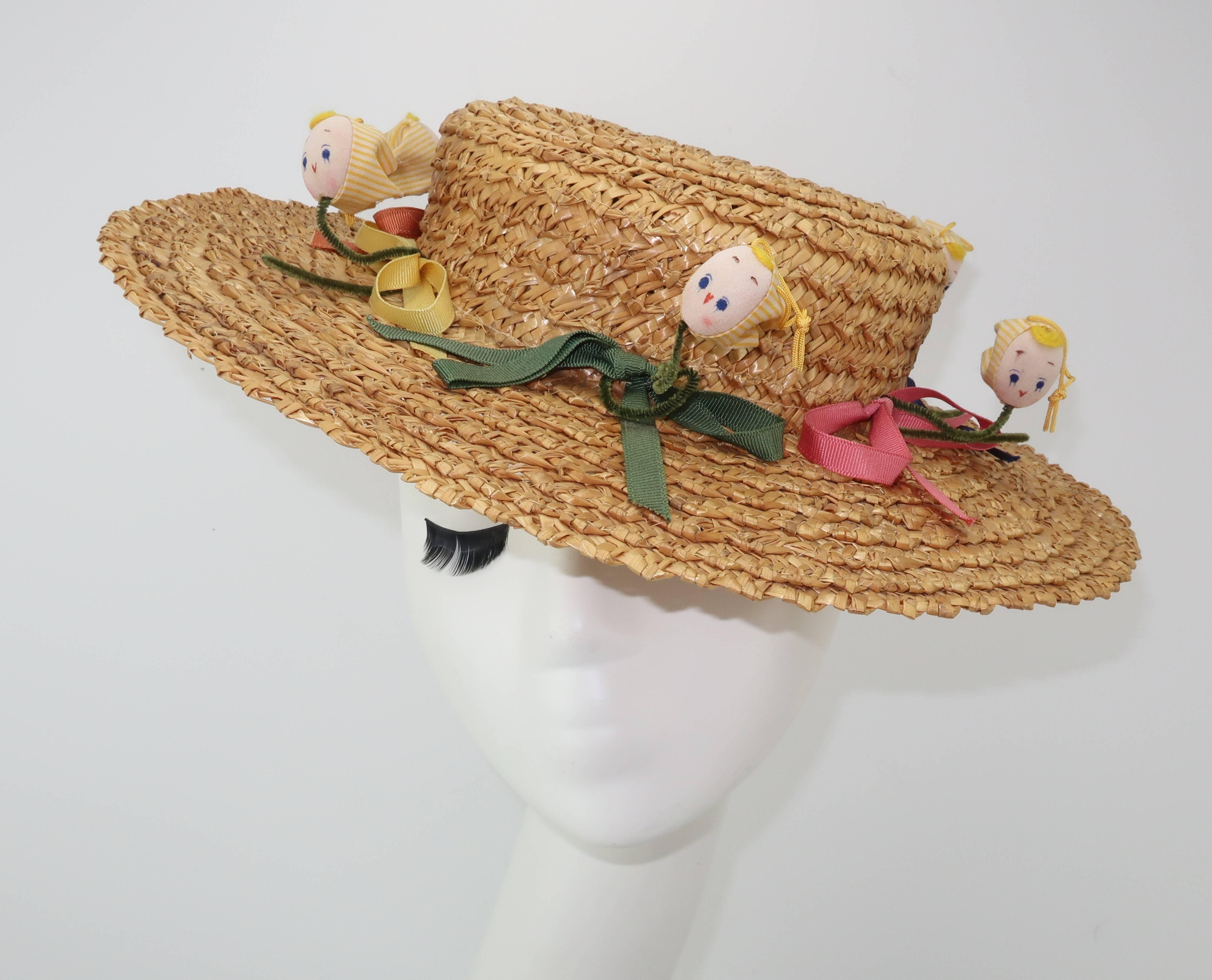 Whimsical Italian Straw Boater Hat, 1950’s at 1stDibs | italian straw ...