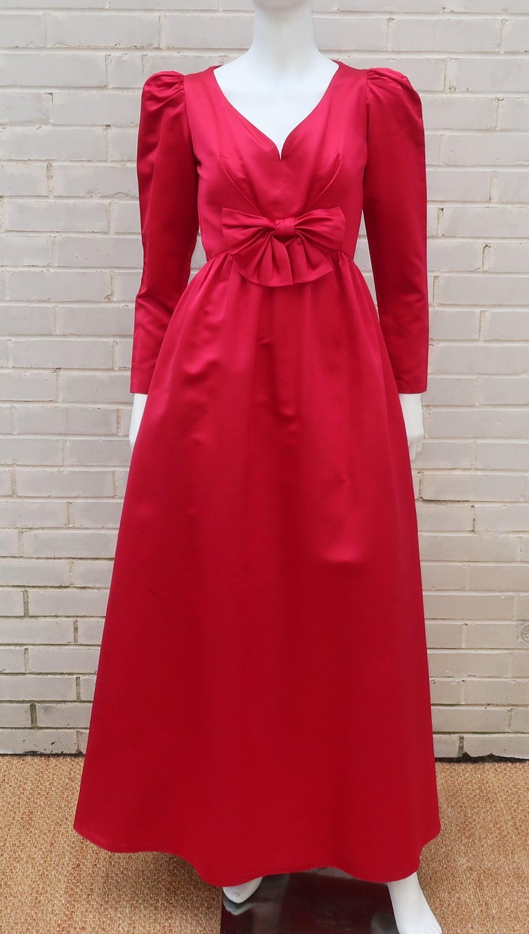 Victoria Royal Ruby Red Satin Evening Dress, C.1970 For Sale at 1stDibs