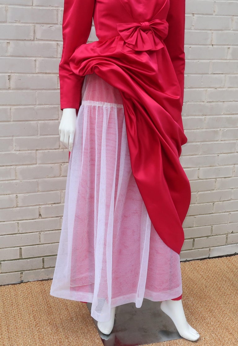 Victoria Royal Ruby Red Satin Evening Dress, C.1970 For Sale at 1stDibs