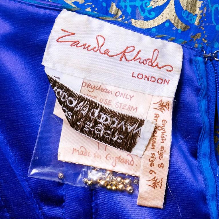 90s Zandra Rhodes Blue Silk Screened Dress with Scarf For Sale at 1stDibs