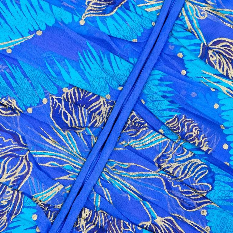 90s Zandra Rhodes Blue Silk Screened Dress with Scarf For Sale at 1stDibs