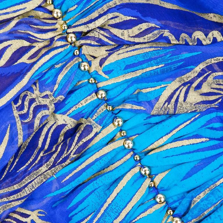90s Zandra Rhodes Blue Silk Screened Dress with Scarf For Sale at 1stDibs