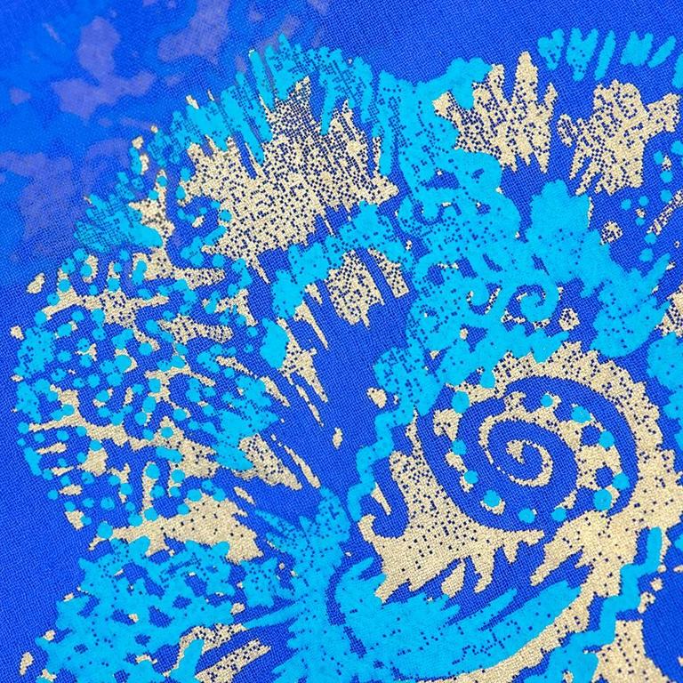 90s Zandra Rhodes Blue Silk Screened Dress with Scarf For Sale at 1stDibs