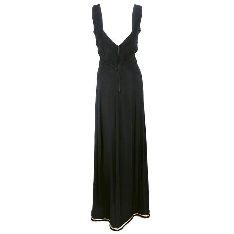 30s Chez Ninon Black Crepe Bias Cut Gown with Gold Foil Trim For Sale ...