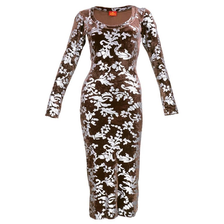 90s Vivienne Westwood Brown Bodycon Velvet Silver Stenciled Dress For ...