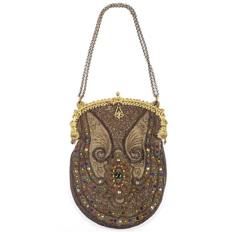 Gold Embroidered Purse with Multicolor Rhinestones, 1920s For Sale at ...