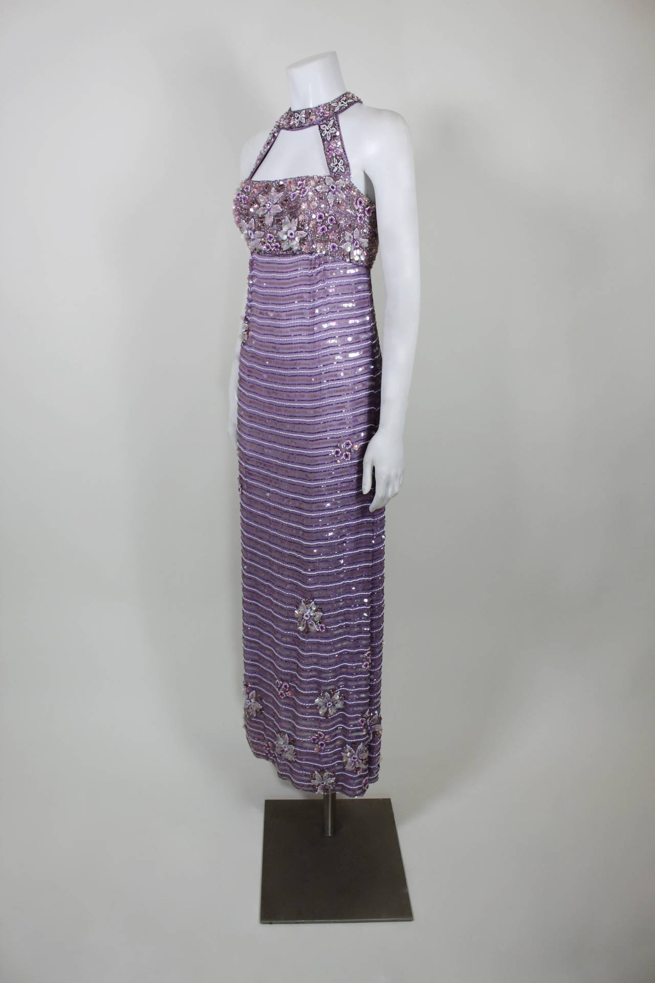 1990s Lavender Floral Motif Sequined and Beaded Gown For Sale at 1stDibs