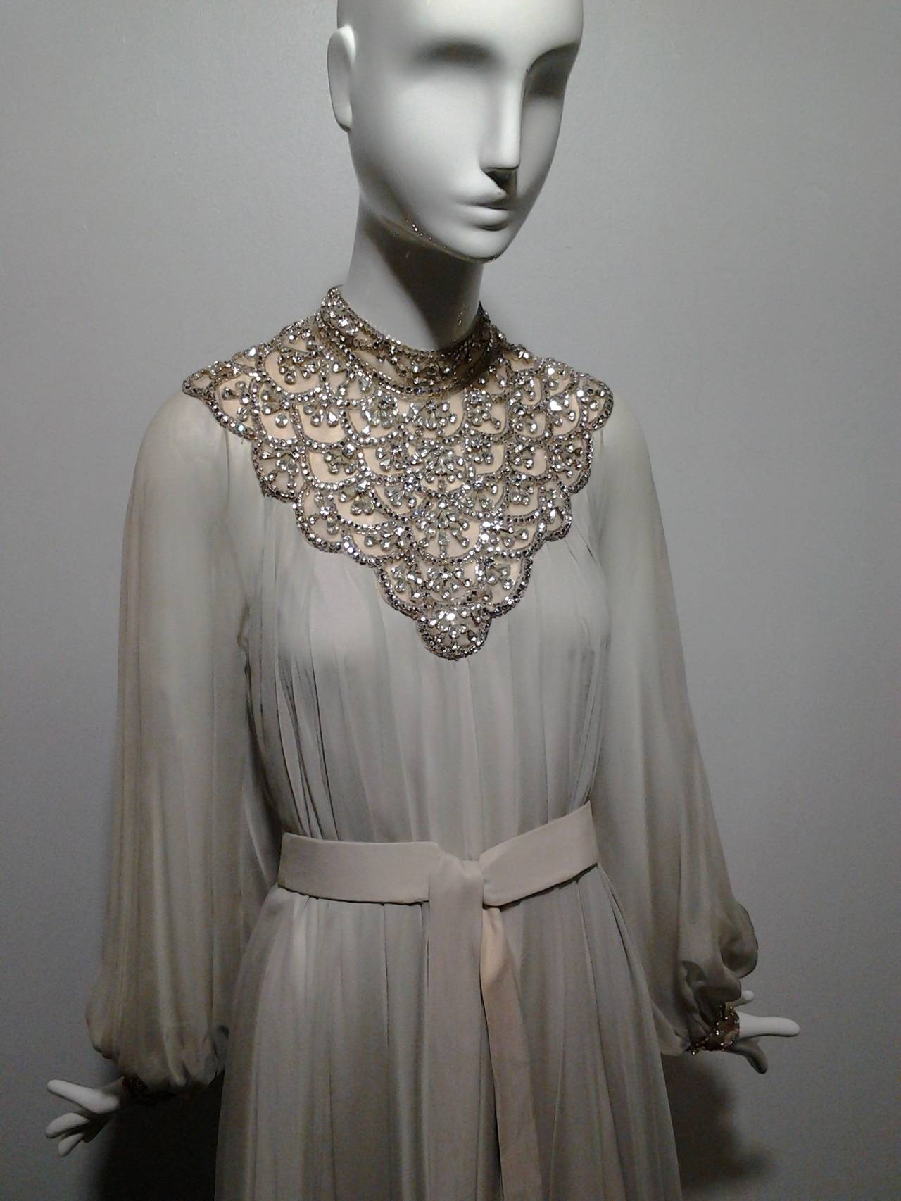 1970s Alfred Bosand Dove Gray Silk Chiffon Trapeze Gown w/ Rhinestone ...