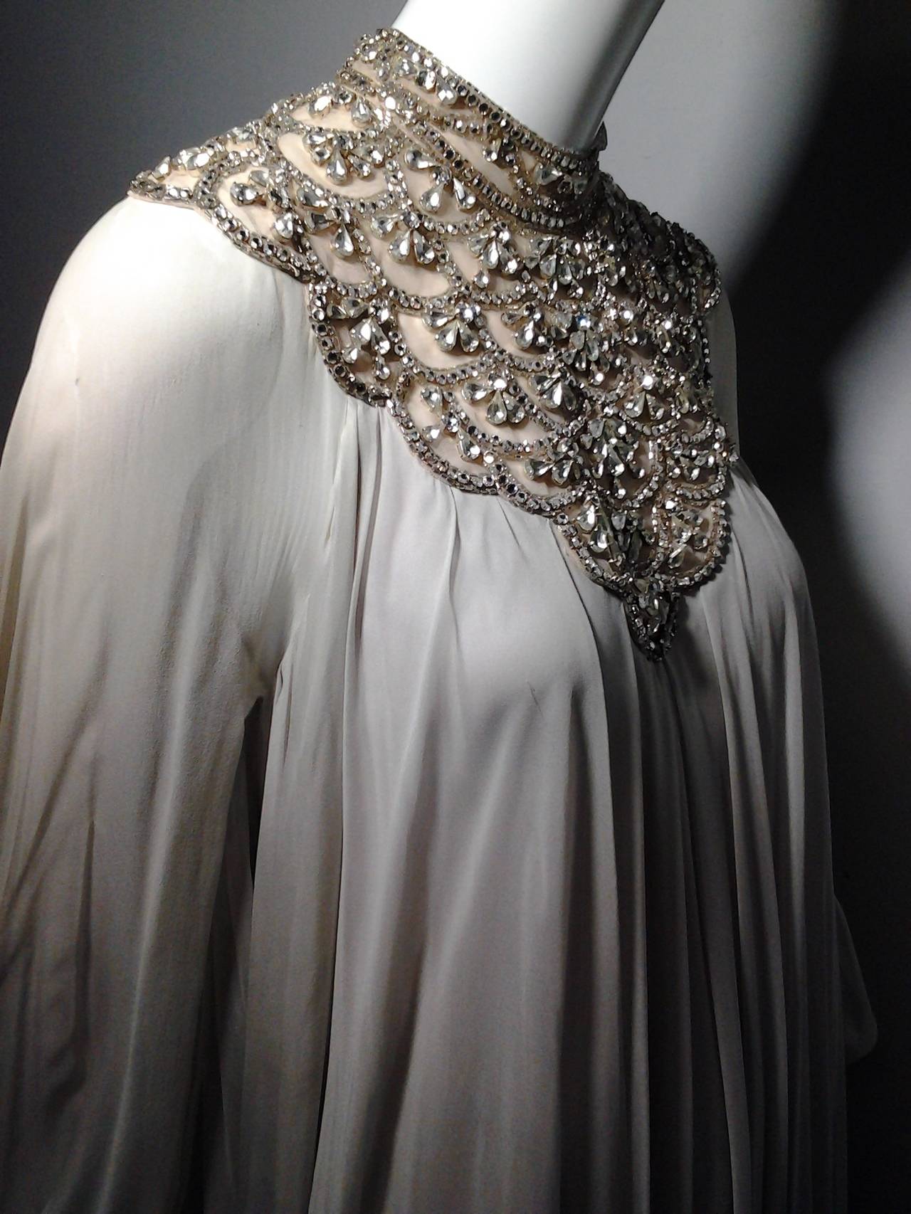 1970s Alfred Bosand Dove Gray Silk Chiffon Trapeze Gown w/ Rhinestone ...