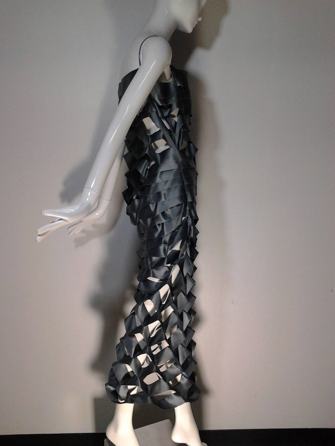 Helmut Lang Gunmetal Silk Satin Ribbon Dress - Honeycomb Construction ...