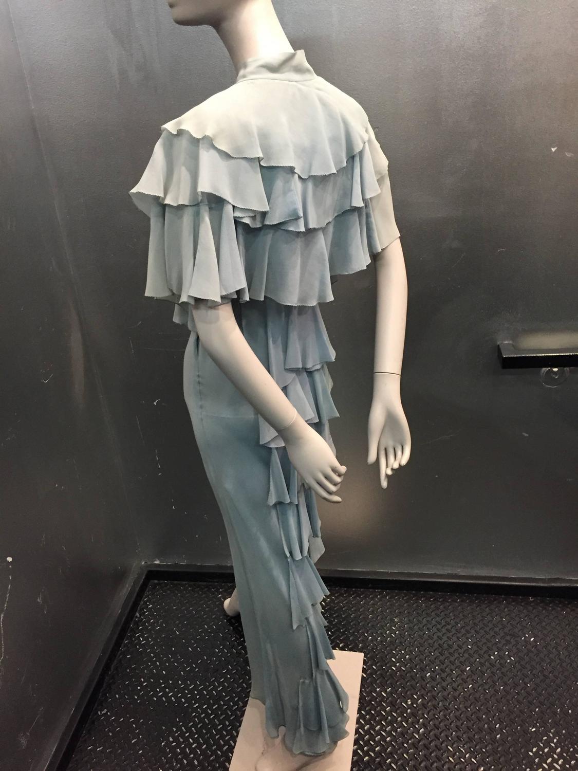 1930s Powder Blue Silk Chiffon Bias Cut Ruffle Train Gown w/ Ruffled ...