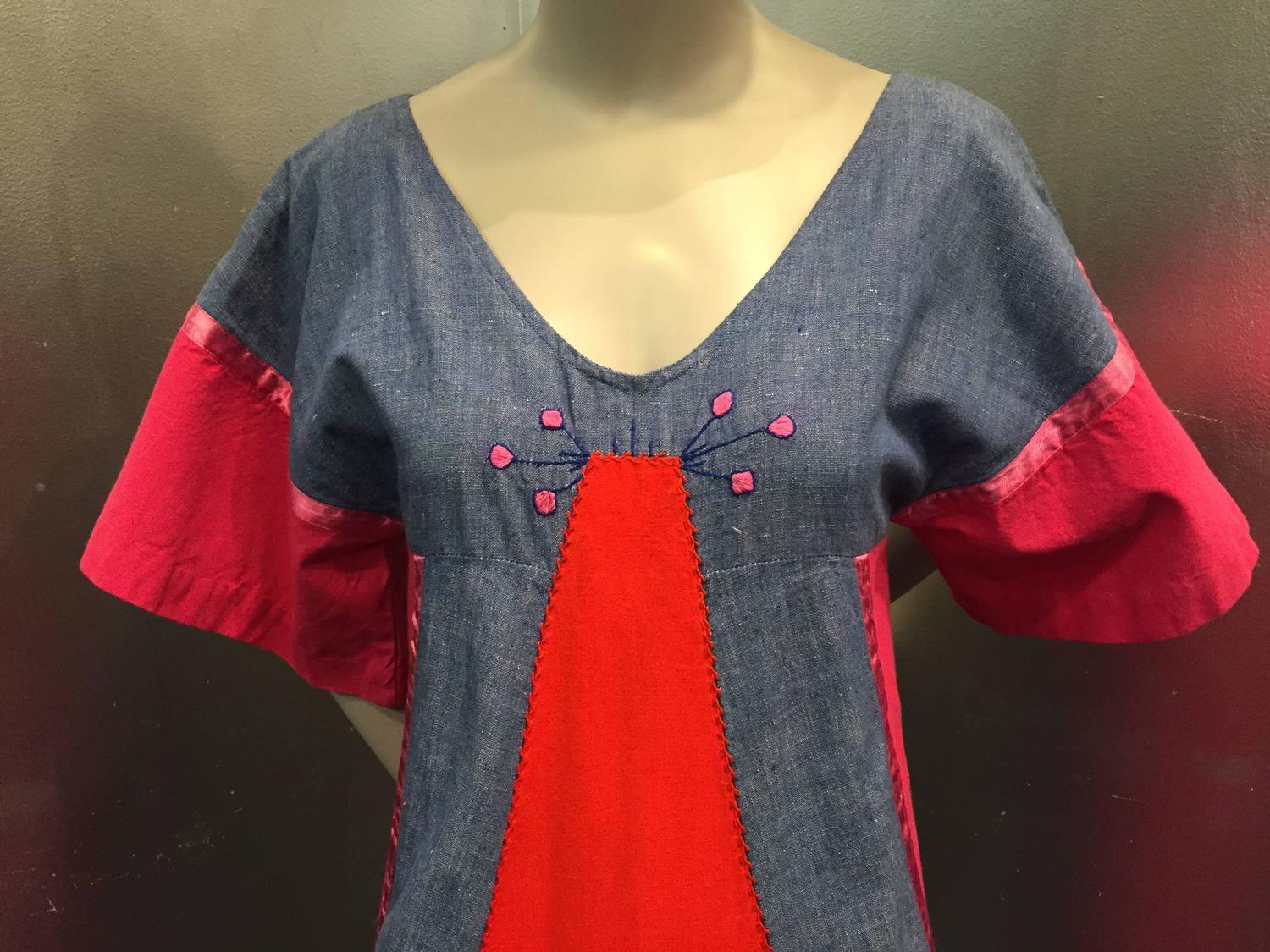 1960s Denim and Cotton Caftan w Op-Art Style Appliqué and Embroidery ...